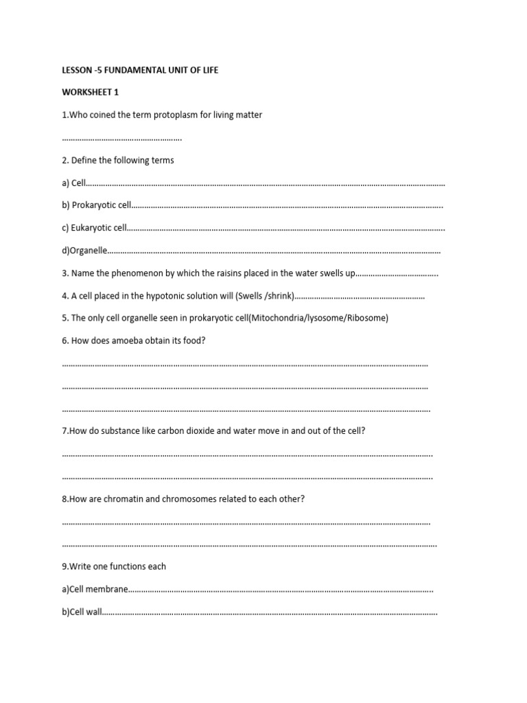 Lesson 5 - Fundamental Unit of Life Worksheets | PDF | Cell (Biology ...