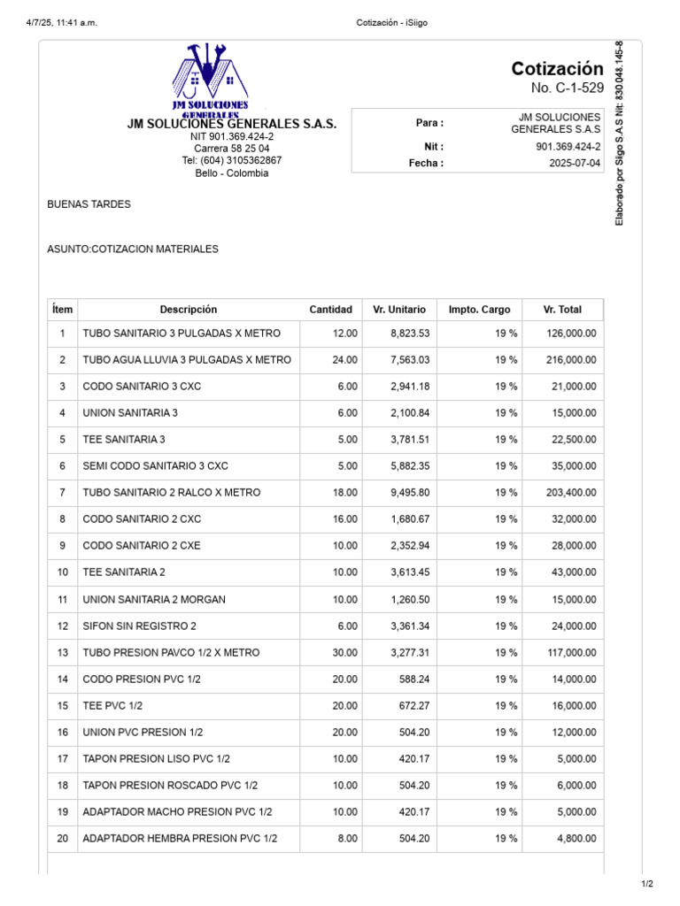 Cotizacion Materiales | PDF
