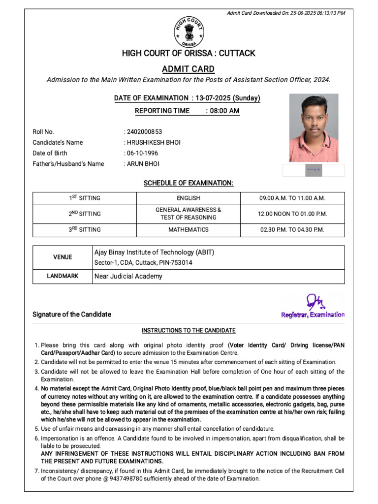 High Court of Orissa - Admit Card | PDF | Justice | Crime & Violence