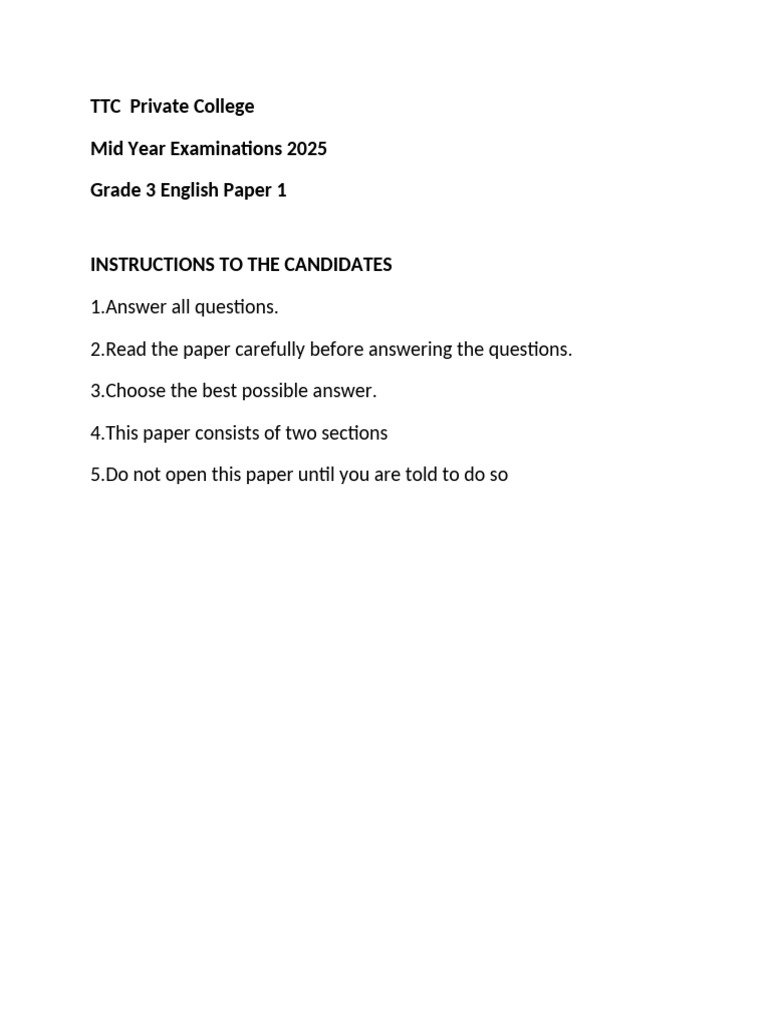 Grade 3 English Exam Paper 2025 | PDF