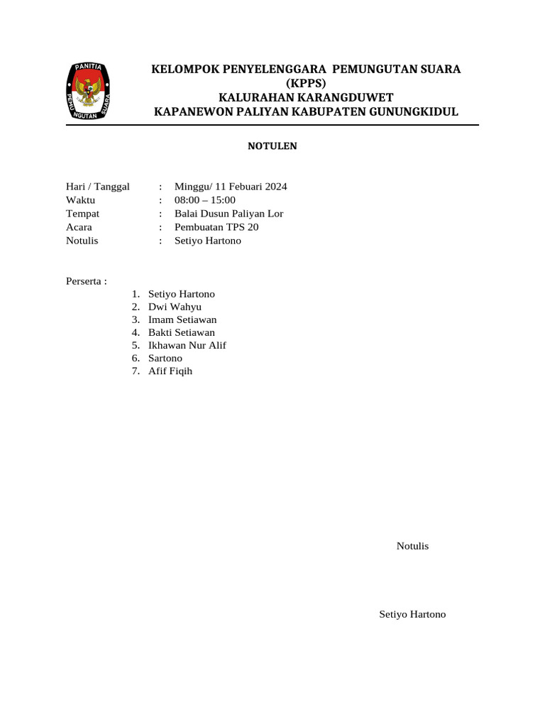 Notulen Pembentukan TPS 20 Paliyan | PDF