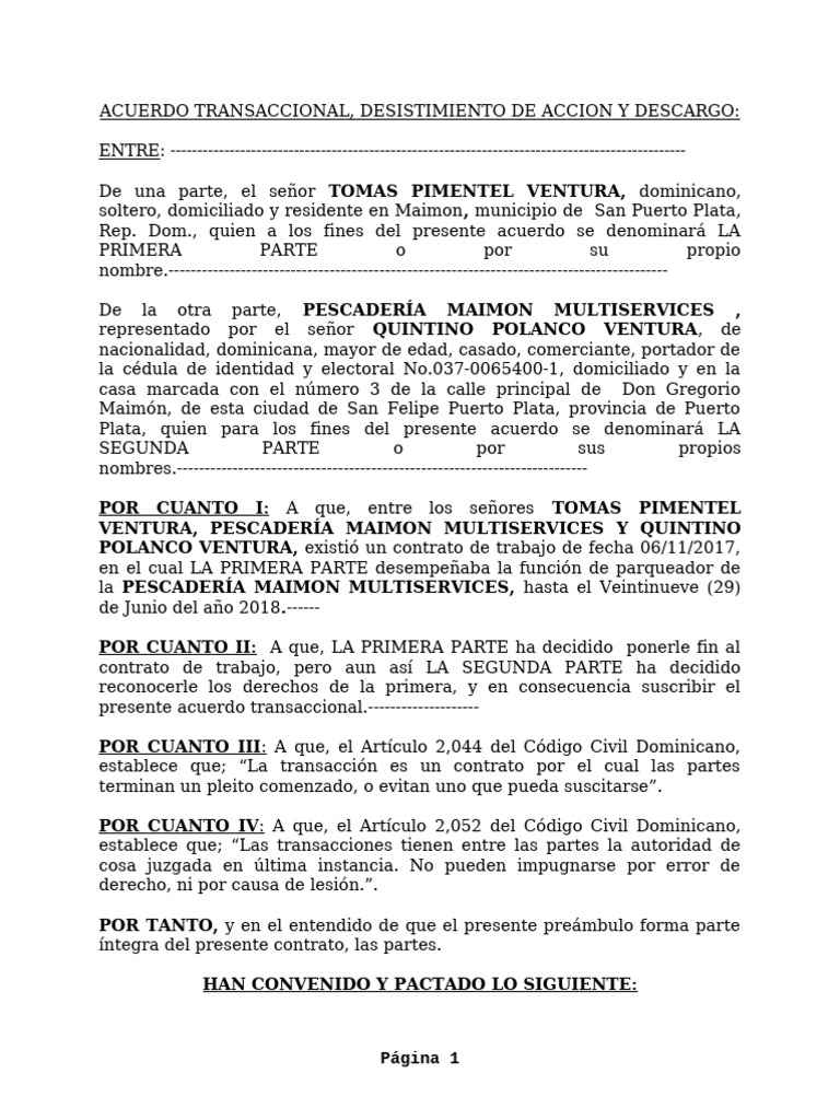 Acuerdo Trasaccional Quintino Polanco y Tomas Pimentel Ventura | PDF ...