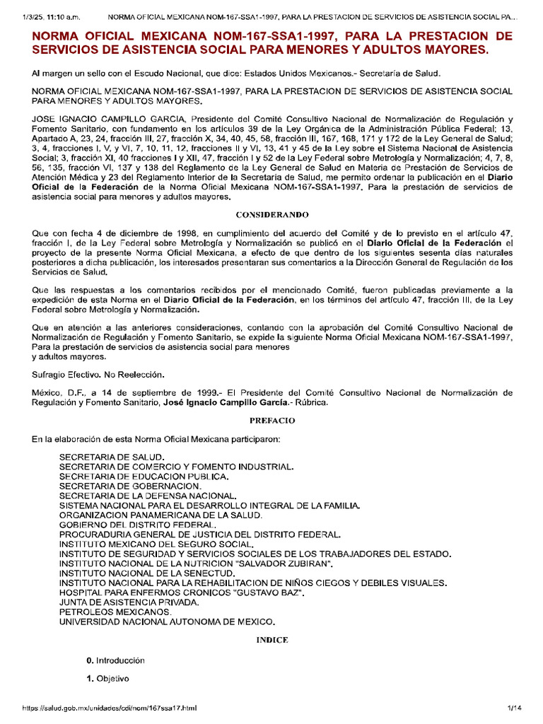 Norma Oficial Mexicana Nom-167-Ssa1-1997, para La Prestacion de Servicios de Asistencia Social ...