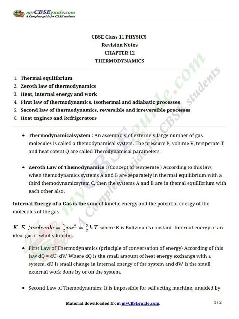 11 Physics Notes Ch12 (Thermodynamics) #Mycbseguide | PDF