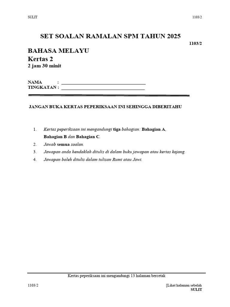 Set Soalan Ramalan SPM Tahun 2025 Bahasa Melayu Kertas 2: 2 Jam 30 Minit | PDF