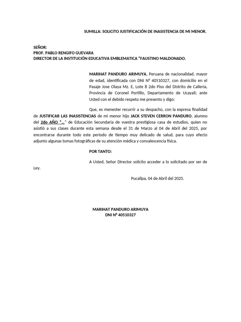 Justicficación de Inasistencia Steven | PDF