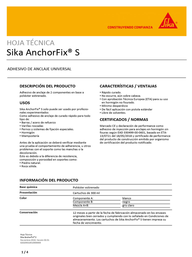 Sika AnchorFix® S: Adhesivo de Anclaje | PDF | Hormigón | Perforación