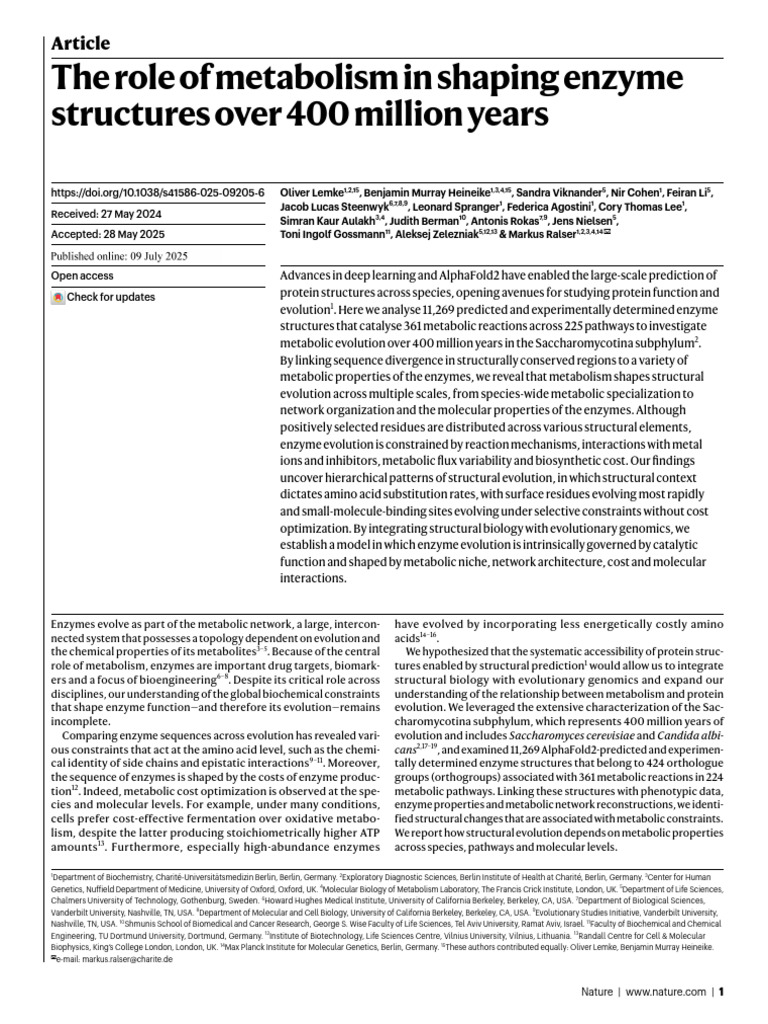 The Role of Metabolism in Shaping Enzyme Structures Over 400 Million ...