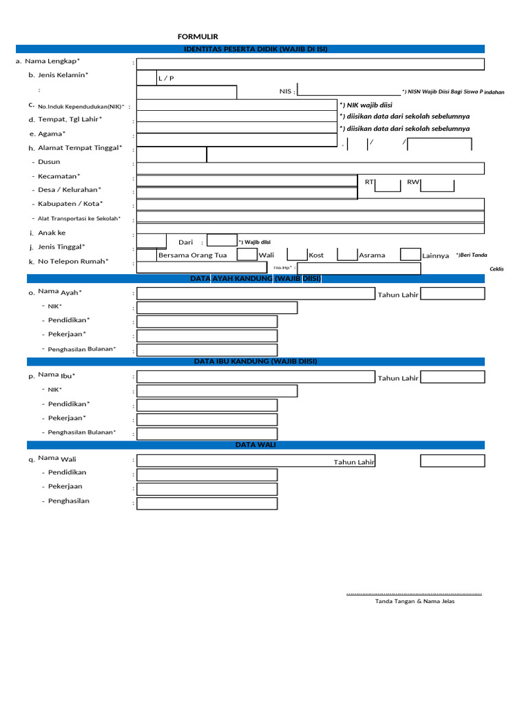 Formulir Pendaftaran Peserta Didik | PDF