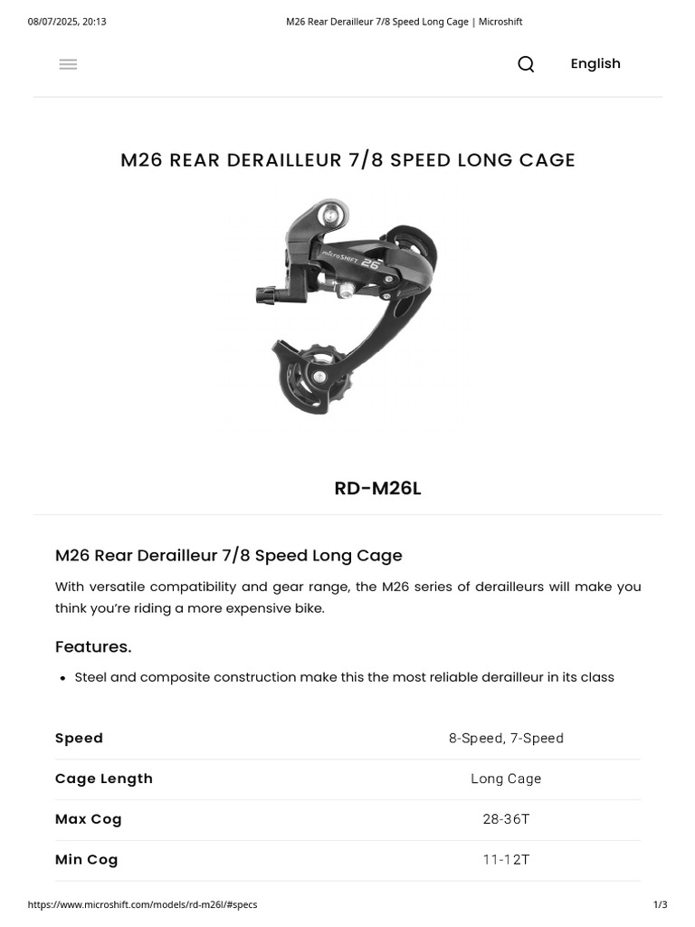 M26 Rear Derailleur 7 - 8 Speed Long Cage - Microshift | PDF