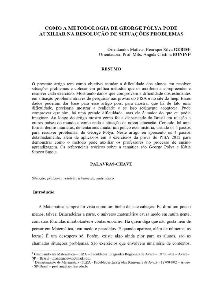 Como A Metodologia de George Pólya Pode Auxiliar Na Resolução de ...