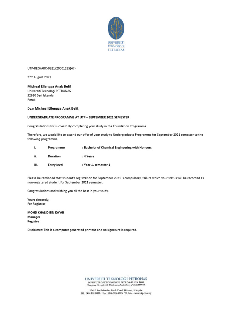 UTP Offer Letter for Chemical Engineering | PDF