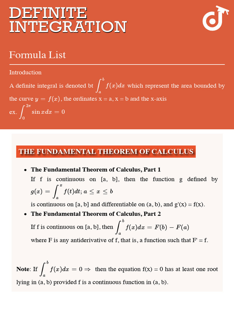 Class 11 Maths Chapter 28 Definite Integration Formula List English ...