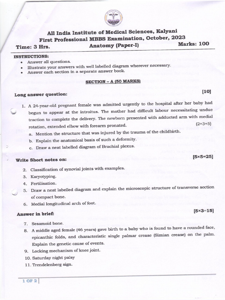 1st Yr. MBBS Prof. Anatomy Paper-I 2023 | PDF