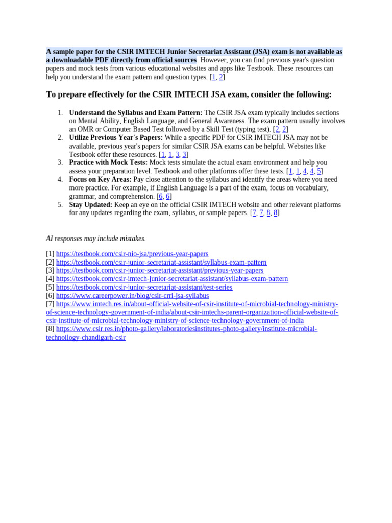 Paper Pattran For The CSIR IMTECH Junior Secretariat Assistant | PDF