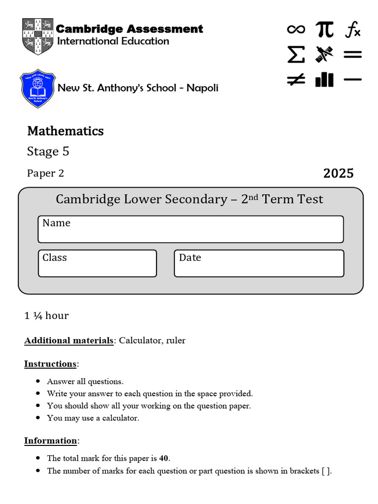 Cambridge Stage 5 Math Test 2025 | PDF | Numbers | Arithmetic