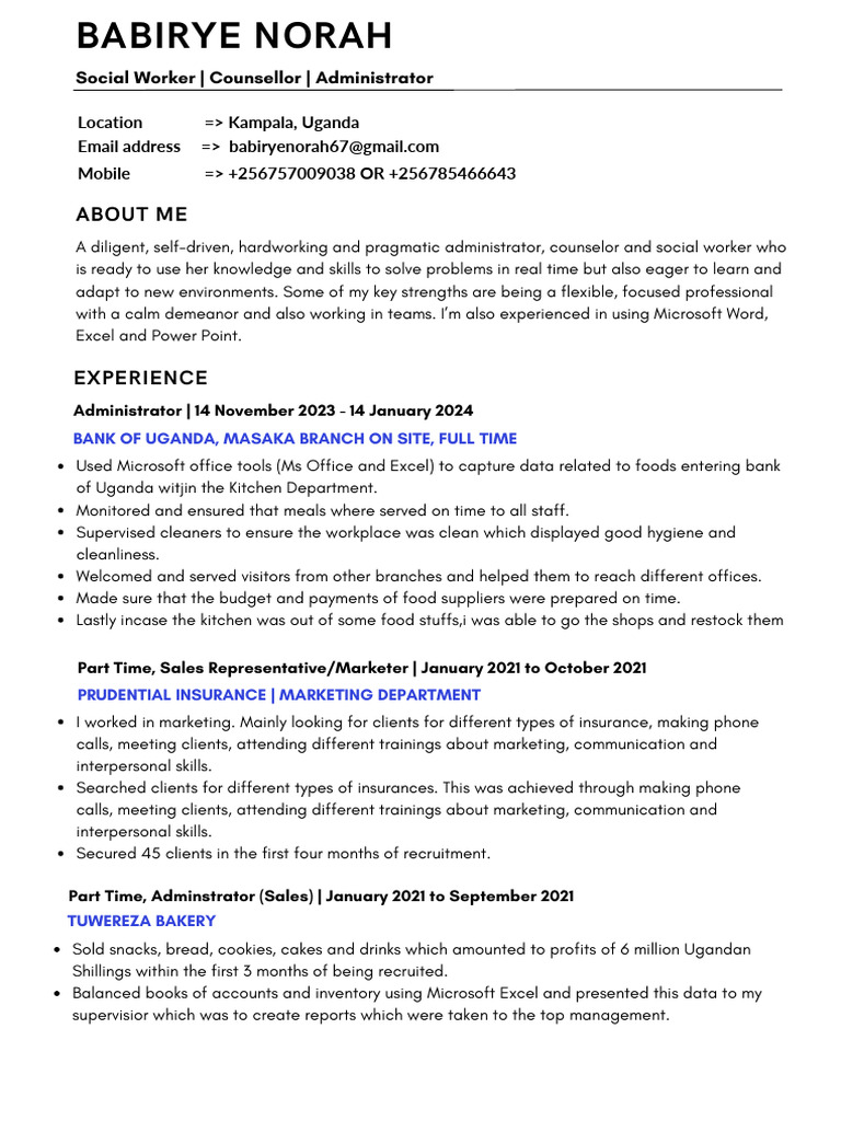 2024 Resume For Norah Babirye | PDF