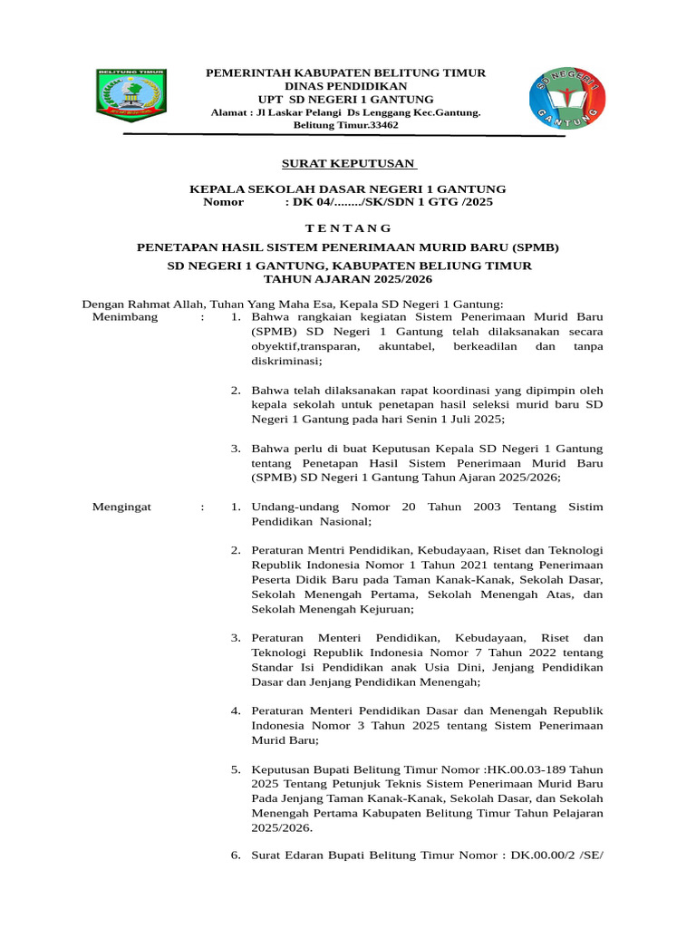 SK KS Penetapan Murid Baru SPMB 2025 | PDF