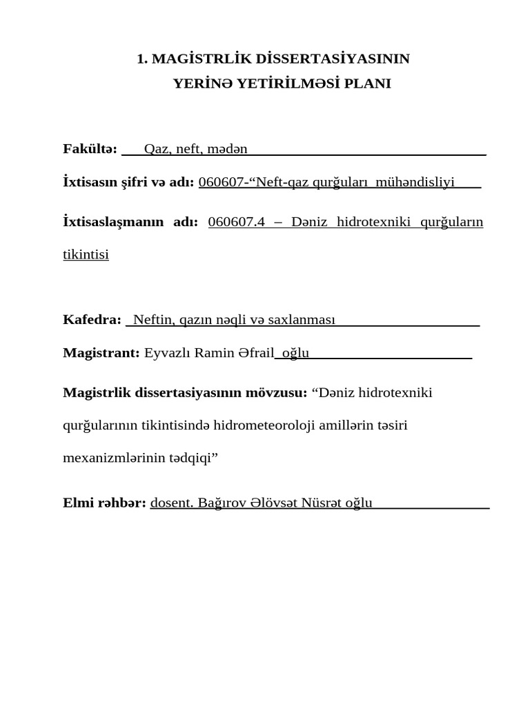 Dissertasiya Işinin Yerine Yetirilme Plani Ramin | PDF