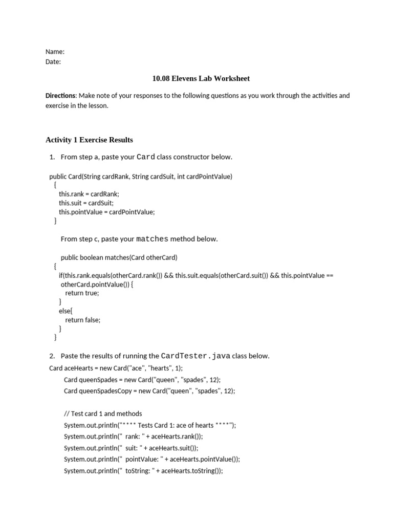 10 08 Elevens Lab Worksheet | PDF | Card Games | Ephemera