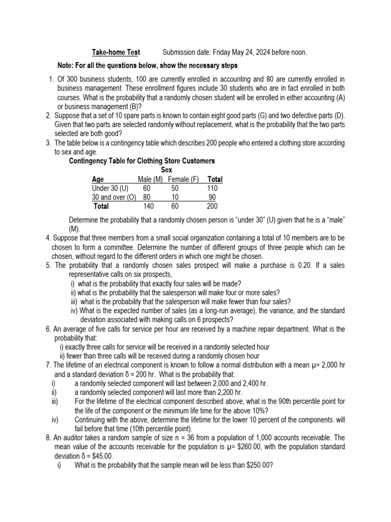 Probability and Statistics Take-home Test | PDF | Statistics | Standard ...