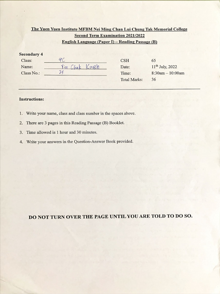 S4 Eng Final Exam Paper 1B (2021-2022) | PDF