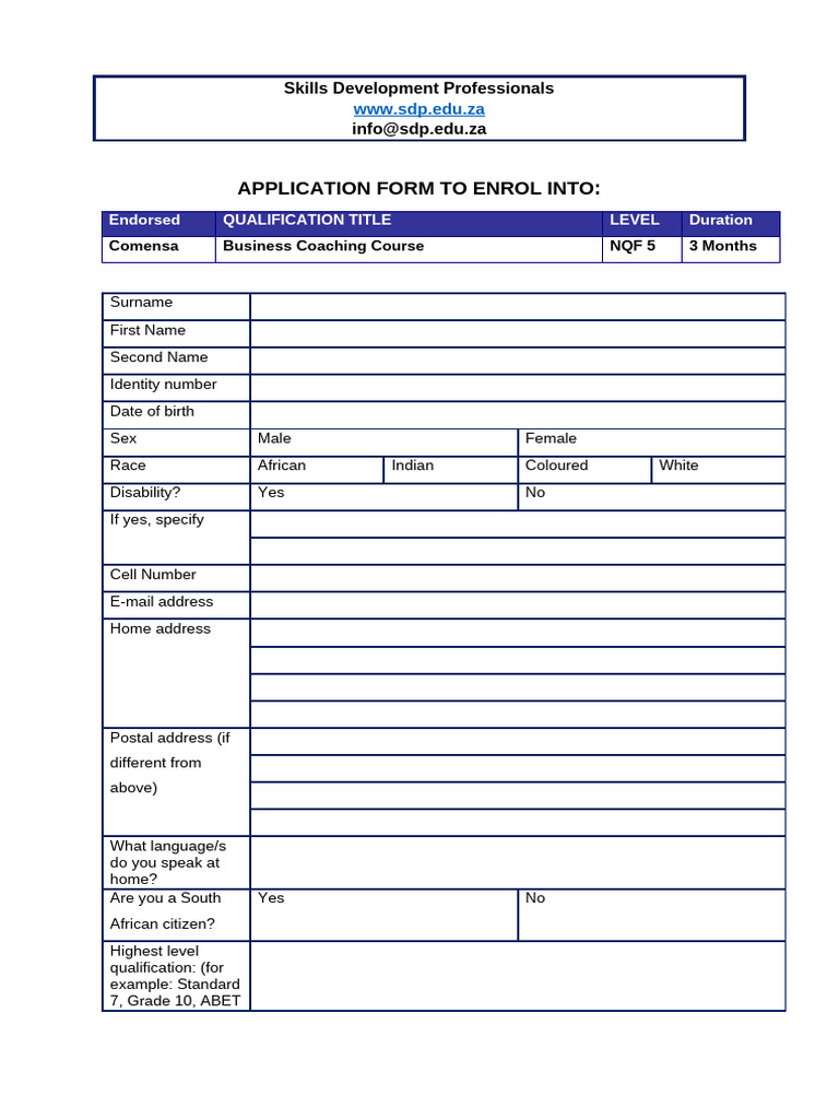 SDP Business Coaching - Study Application Form | PDF