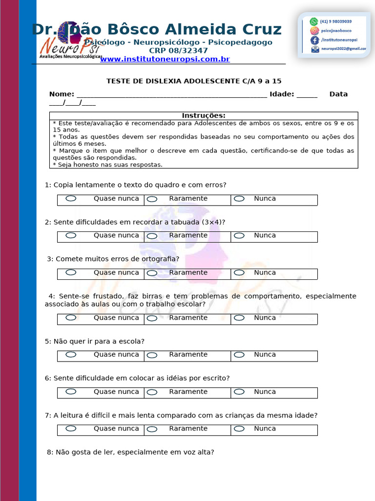 Teste de Dislexia para Adolescentes | PDF