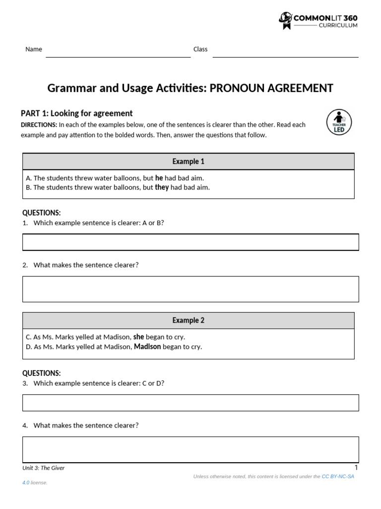 6G Unit 3 Grammar and Usage Activities - Pronoun Agreement STUDENT COPY ...