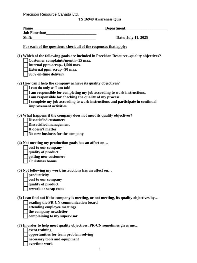 TS 16949 Awareness Quiz | PDF | Quality Management | Business