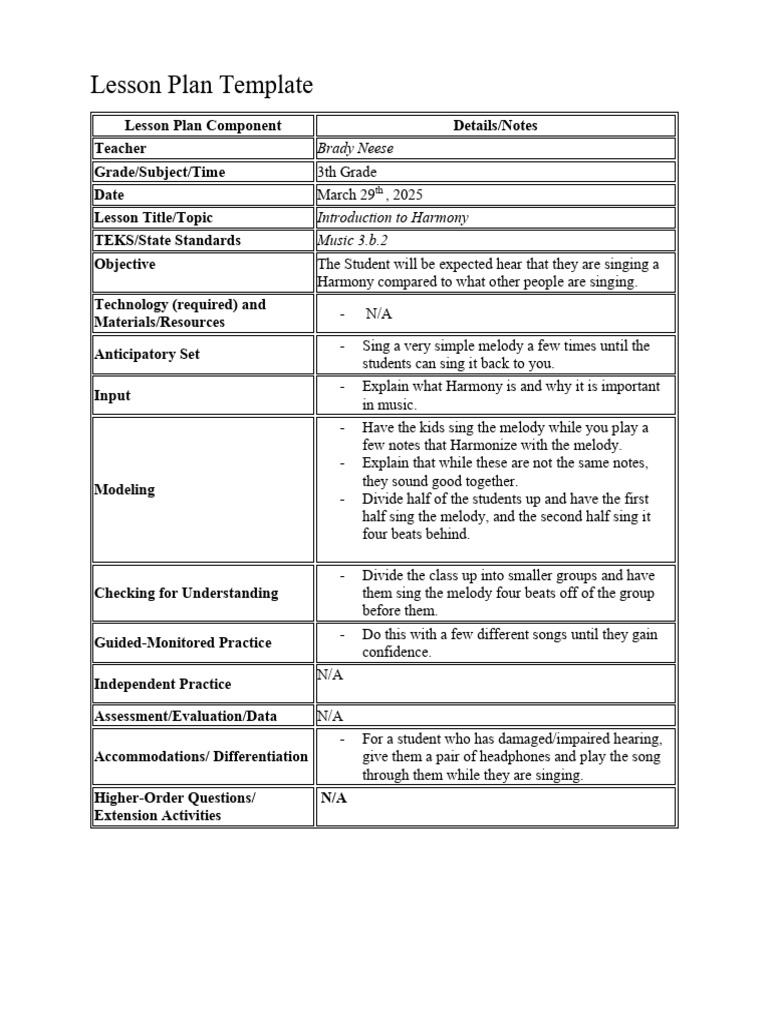 3rd Grade Music Lesson: Harmony Intro | PDF