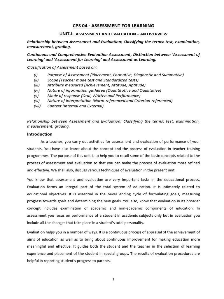 CPS 04-Unit-1. Assessment For Learning - 110546 | PDF | Educational ...