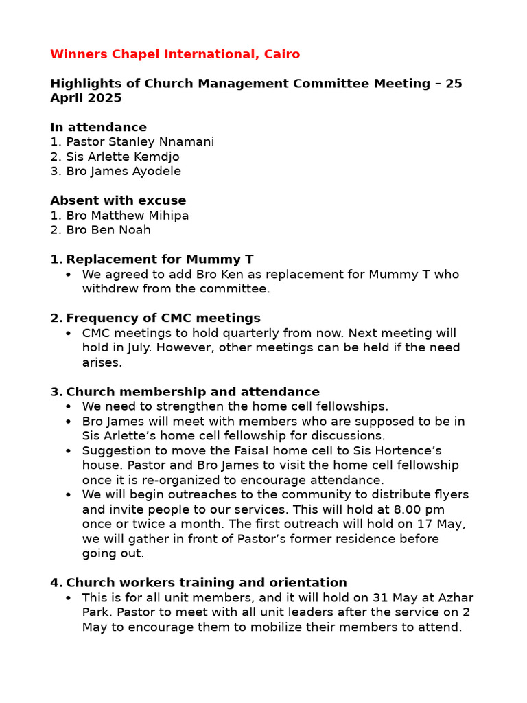 Highlights of Church Management Committee Meeting - 25 April 2025 ...