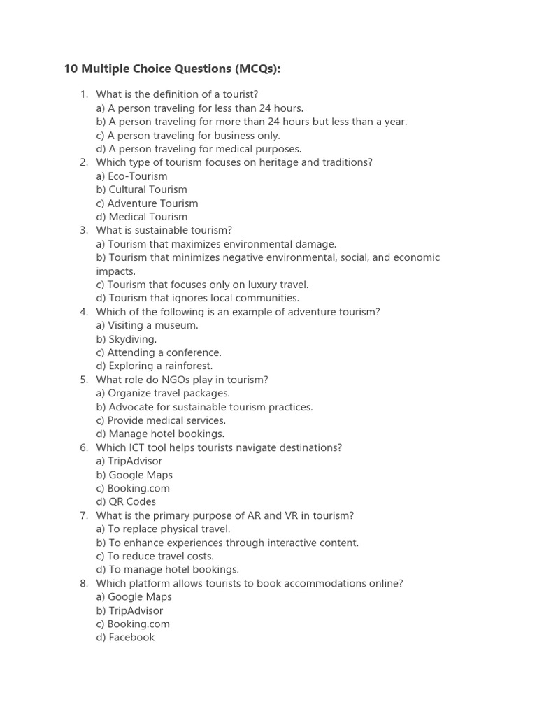 Tourism MCQs and Open-Ended Questions | PDF | Tourism