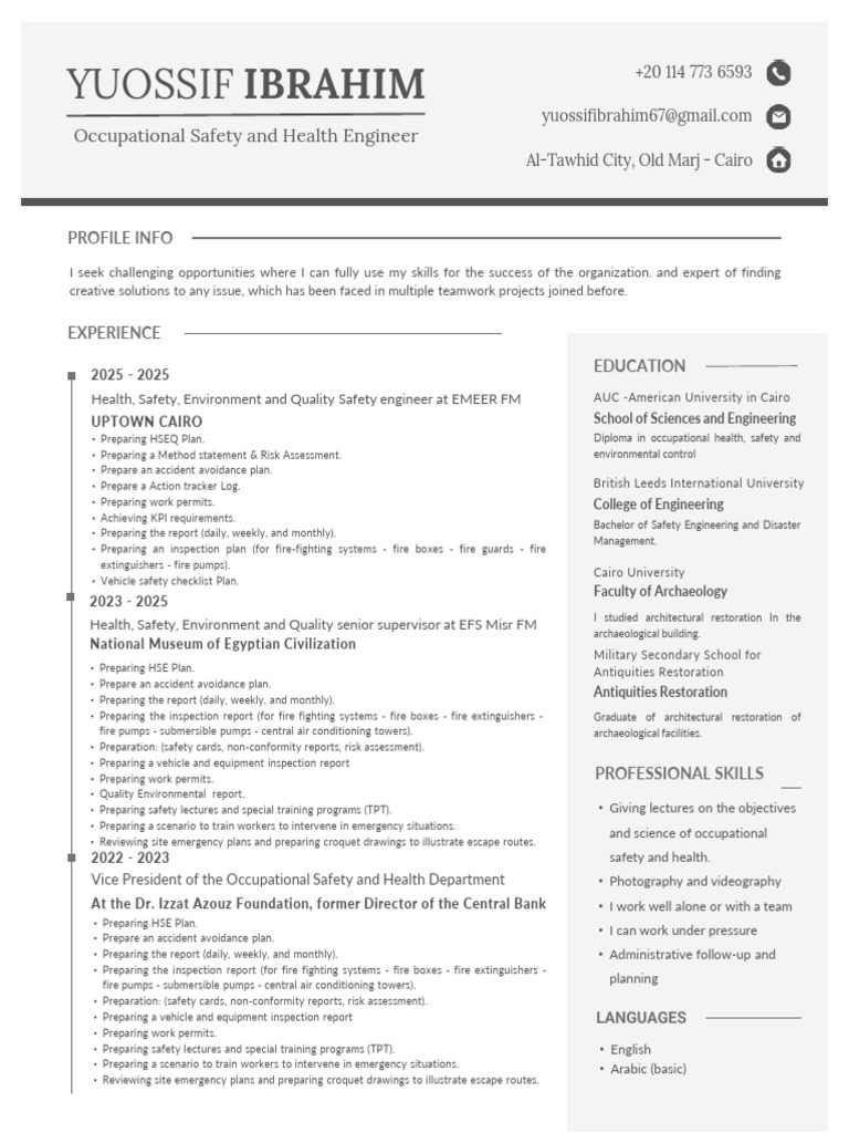 CV Eng - Youssef Ibrahim 21 | PDF | Safety | Occupational Safety And Health