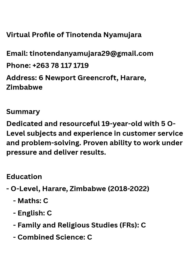 Tinotenda Nyamujara: Profile & Skills | PDF