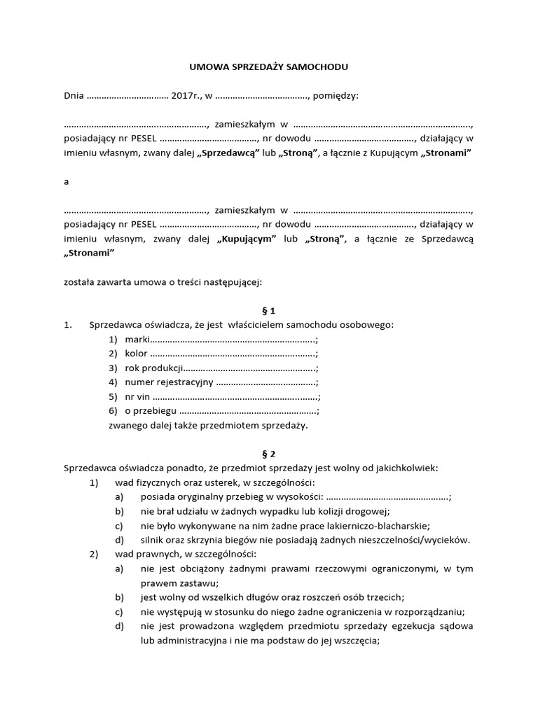Umowa Sprzeda y Samochodu WZ R Kupuj Cy | PDF