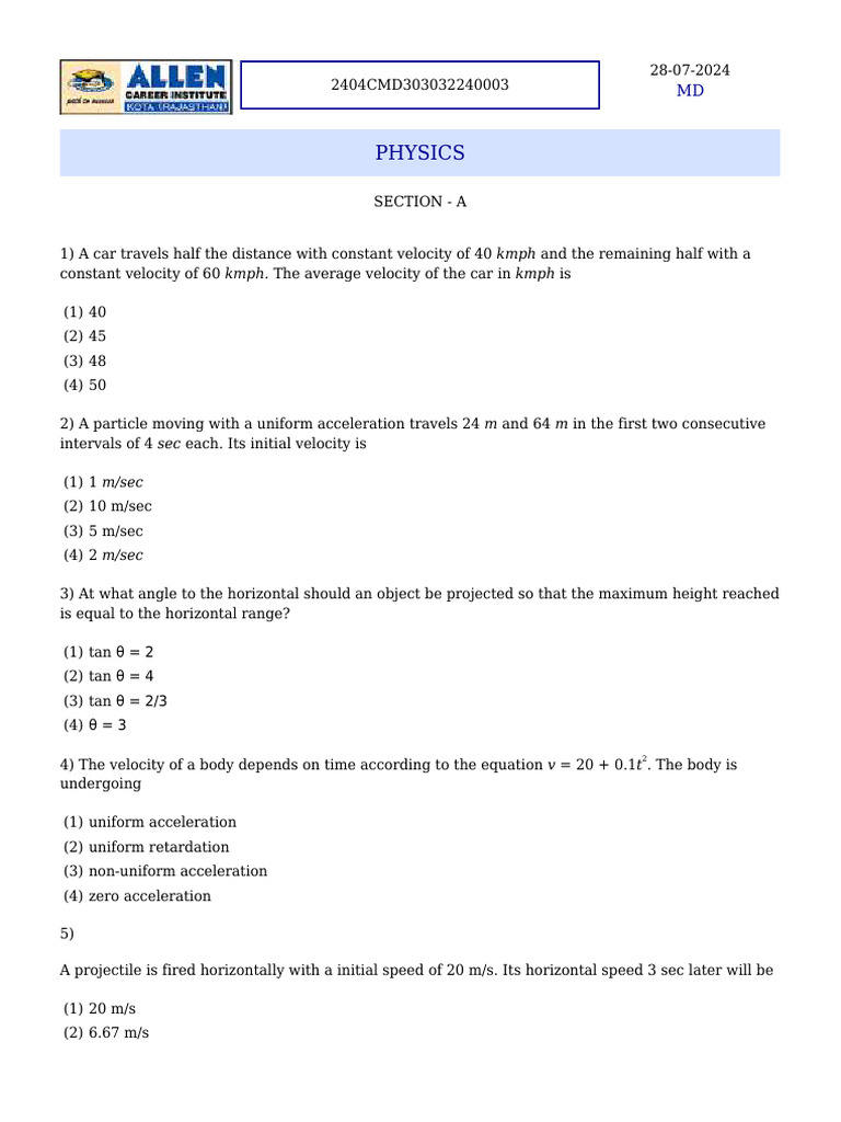 Physics Questions on Motion and Forces | PDF | Mitosis | Enzyme Inhibitor