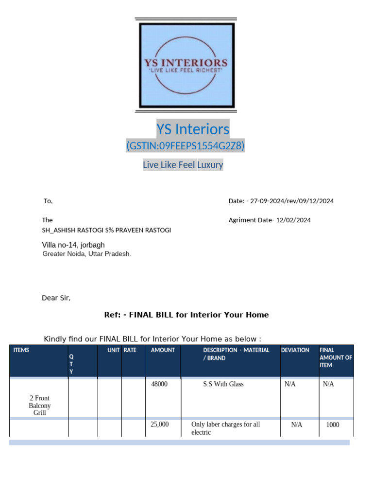 Ashish-Rastogi-Villa-No-14 - Jorbagh FINAL BILL | PDF | Interior Design ...
