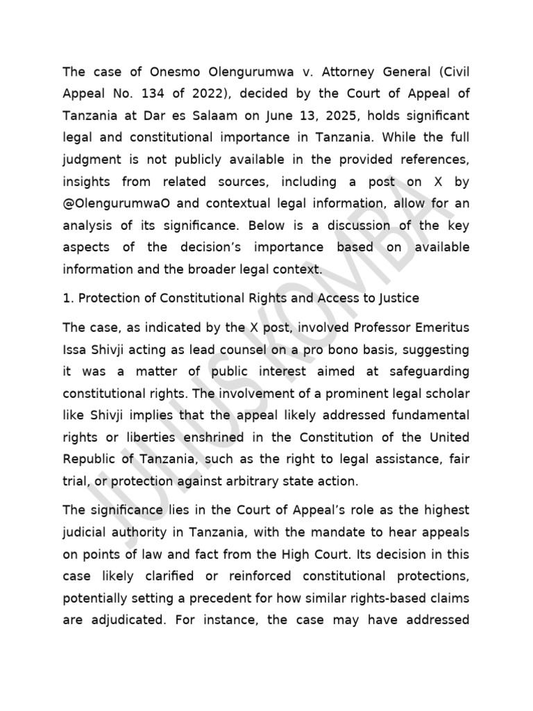 Relevancy of The Case of Onesmo Olengurumwa V | PDF | Appeal | Precedent