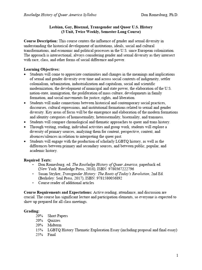 Queer U.S. History Course Syllabus | PDF | Human Sexuality | Sexuality