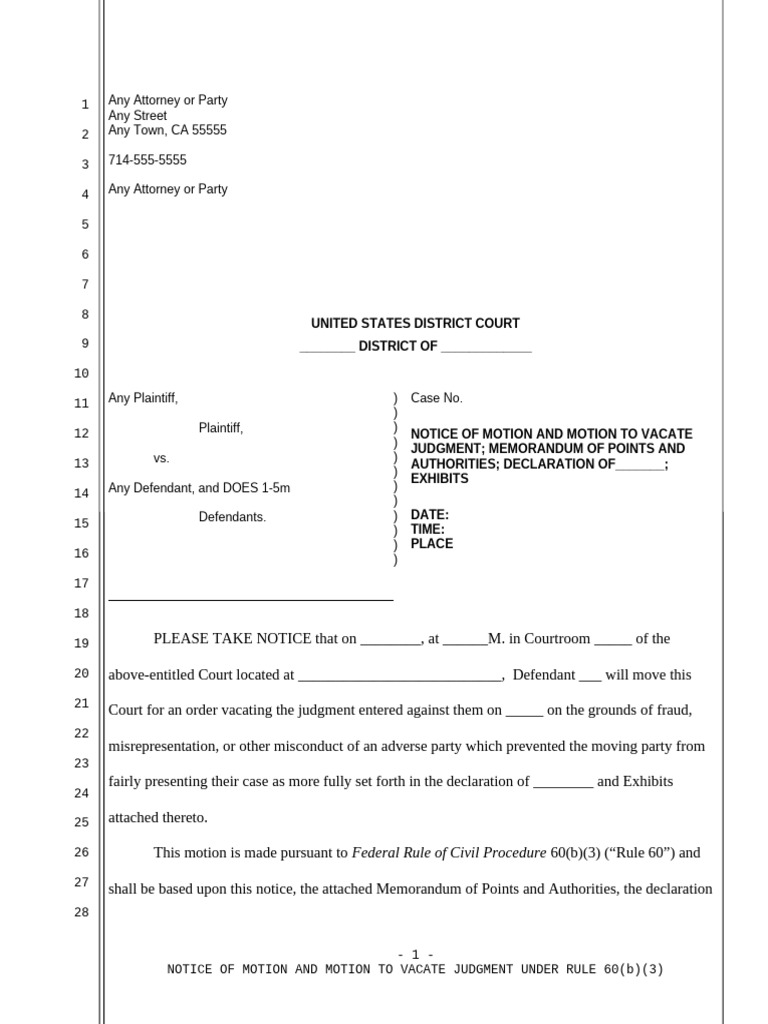 2025-06-03 Sample Motion To Vacate Judgment Under Rule 60 (B) (3) @$3 ...