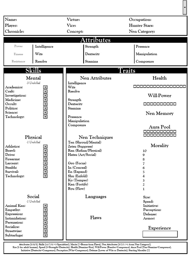 Hunter x Hunter Character Sheet Template | PDF