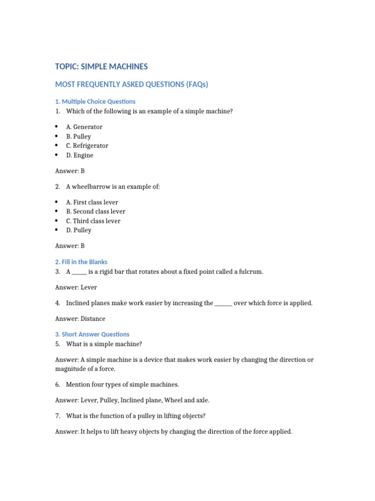Simple Machines Questions With Answers | PDF