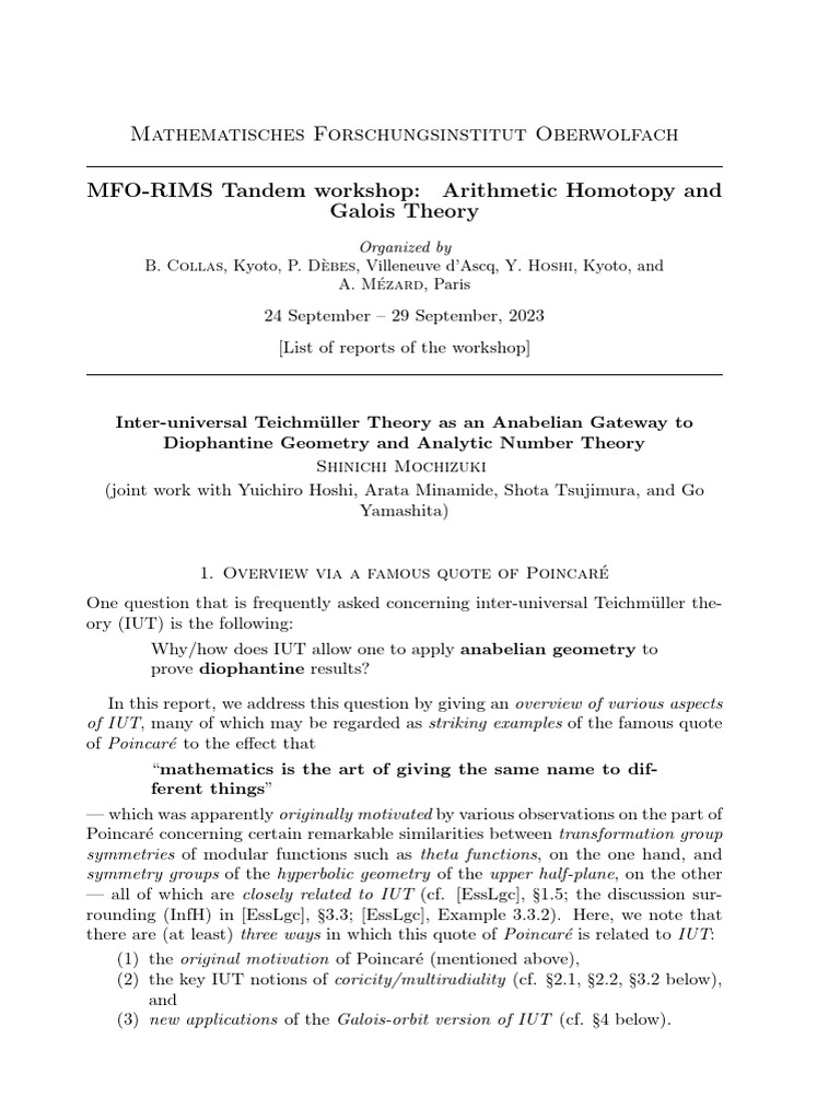 Oberwolfach Workshop on IUT and Galois Theory | PDF | Group ...
