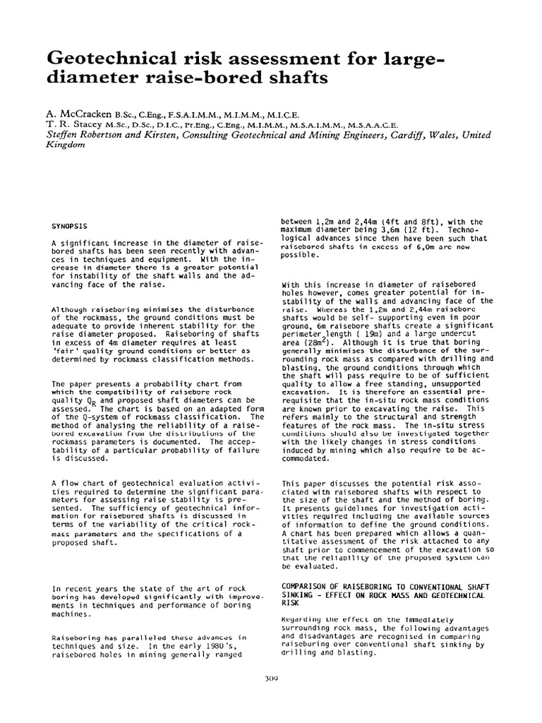 McCracken - Stacey - (1989) - Geotechnical - Risk - Assessment - of - Raisebores | PDF