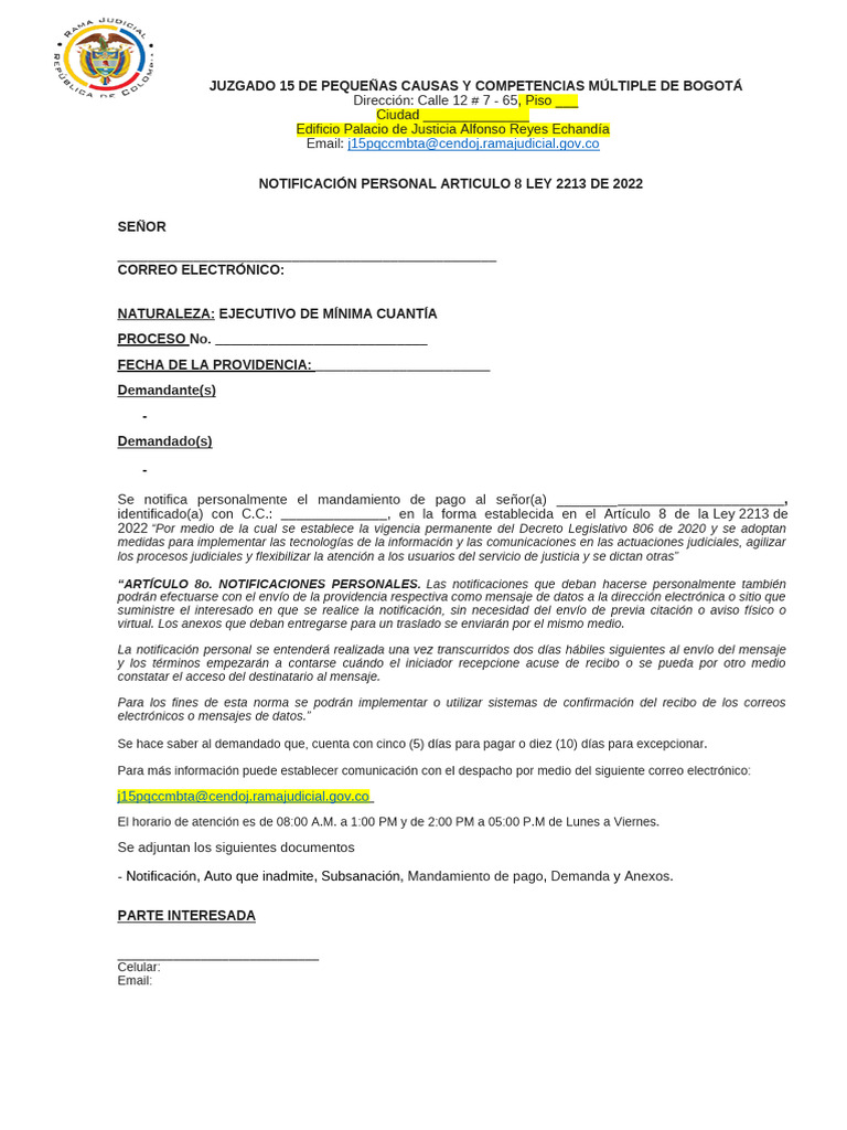 Modelo Notificación Personal Ley 2213 de 2022 | PDF