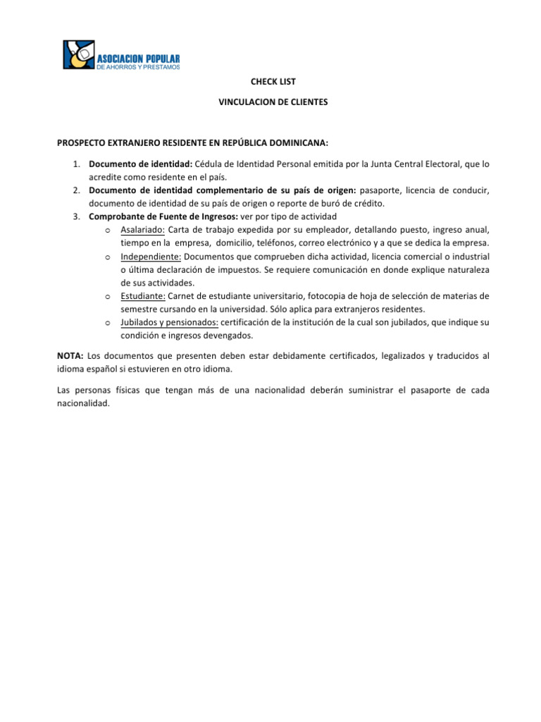 Checklist Extranjero Residente | PDF