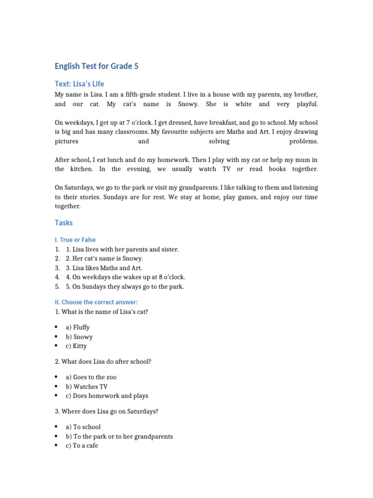 Grade 5 English Test: Lisa's Life | PDF