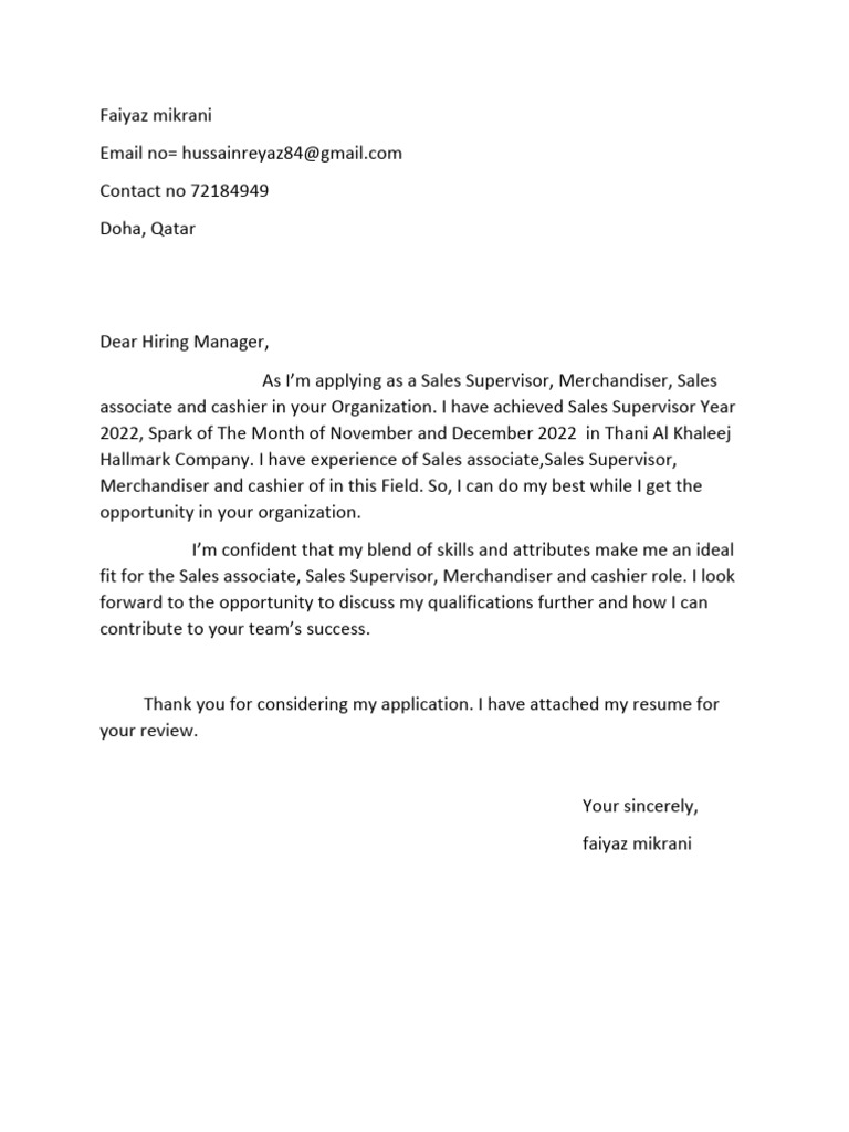Faiyaz Mikrani Cover Letter | PDF
